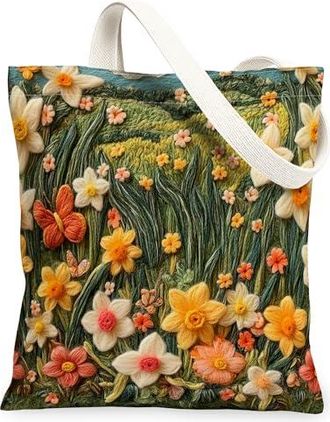 Generic Sac fourre-tout en toile motif jonquilles printani&egrave;res pour le shopping, 33 x 38 cm, sac d&eacute;picerie r&eacute;utilisable pour femme, motif floral de voyage, d&eacute;