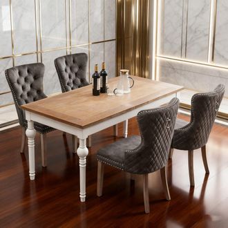 Generic Esszimmerstühle 4er Set mit einzigartiger Türklopfer-Rückenlehne - Graue Samtpolster mit Nagelkopfbesatz und Massivholzbeinen - Vielseitig als Küchen