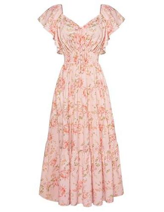 Grace Karin Grace Karin Robe &Eacute;l&eacute;gante d&eacute;t&eacute; pour Femme avec Motif Floral, Robe Longue, Manches &agrave; Volants, Col en V, Robe d&eacute;t&eacute; D&eacute;contract&eacute;e, fleurs roses, XL