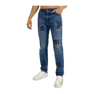 Palm Angels Homme, Jeans, Bleu, Taille: W31 Jean Bleu avec Applications en Cuir