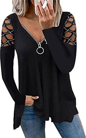 Onsoyours Femme T-Shirt Manches Longues Sweatshirt Col en V Tee Shirts De Sport Lâche Chemisier Tops Blouse Décontractée Casual Poches 1 Noir XL