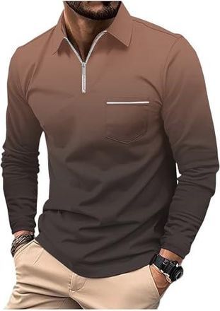 Generic Polo &agrave; manches longues pour homme Patchwork Revers T-shirt d&eacute;contract&eacute; Chemises de vacances Tops, caf&eacute;, XXL
