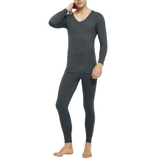 Generic Ensemble de sous-vêtements thermiques pour homme, sous-vêtements chauds doublés avec intérieur en polaire, ultra léger, col en V, haut et bas avec emp