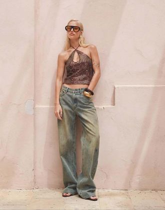 Motel graues Top mit Schl&uuml;ssellochausschnitt, Neckholder und Pailletten als Kombiteil in Multicolor