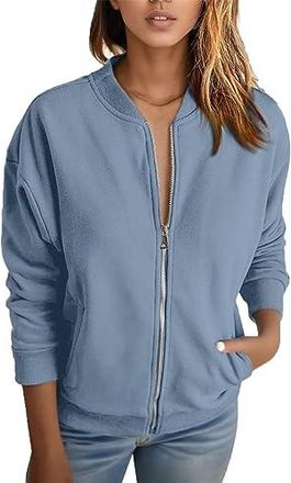 Generic Vestes pour femmes 2026 - Couleur unie - Fermeture &eacute;clair - Tendance - D&eacute;contract&eacute; - Cardigan &agrave; manches longues - Haut court de sport, bleu, S