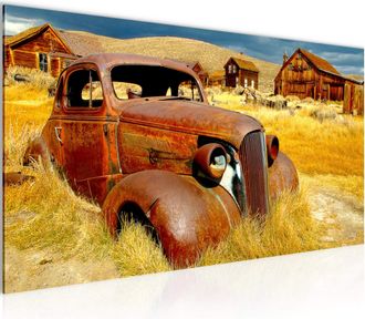 Runa Art Wandbild Auto Oldtimer 1 Teilig 100 x 40 cm Modern Bild auf Vlies Leinwand Retro Wohnzimmer Gelb Blau 602112a