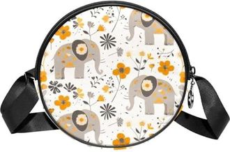 Generic Sac &agrave; bandouli&egrave;re rond pour femme, motif &eacute;l&eacute;phant floral, petit sac &agrave; dos &agrave; bandouli&egrave;re avec fermeture &eacute;clair, bretelles r&eacute;glables, sac &agrave; main rond d&eacute;