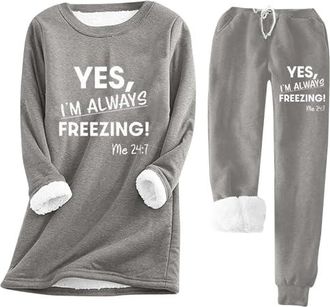 Generic Surv&ecirc;tement doubl&eacute; en polaire pour femme, imprim&eacute; lettres, col ras du cou, haut chaud dhiver, jogging, tenue 2 pi&egrave;ces, surv&ecirc;tements (Grey, XXL)