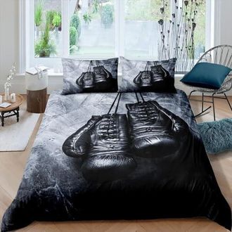Generic Housse de Couette 200x200 Gants de Boxe, Parure de Lit 2 Personnes Noir, Douce Microfibre 3D Imprimée Housses Couettes avec 2 Taies doreiller avec Fer