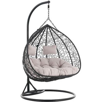 Vente-Unique Fauteuil suspendu 2 places en r&eacute;sine tress&eacute;e - Noir avec coussins gris - CAYAMBE de MYLIA