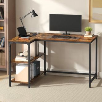 Vasagle Bureau en L, &Eacute;tag&egrave;res R&eacute;glables avec Rangement, Prises &Eacute;lectriques et Ports USB, 110 x 80 cm, Marron