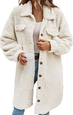 Generic Veste polaire pour femme - Élégante et longue - Veste dhiver moelleuse - Veste en peluche - Sweat-shirt à revers - Manches longues - Veste en peluche 