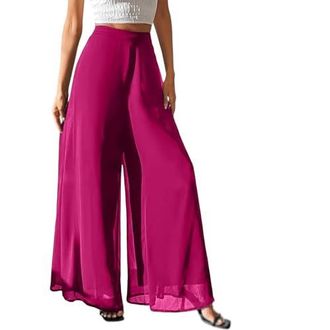 Generic Robe de plage en mousseline de soie pour femme, pantalon palazzo &agrave; jambes larges, fluide, l&eacute;ger, long, tendance, pantalon d&eacute;contract&eacute;, rose rouge, XXL