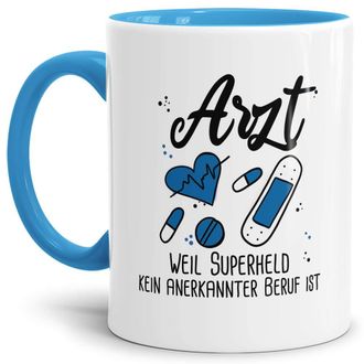 Tassendruck Berufe-Tasse Superheld Arzt - Kaffee-Tasse mit Spruch/Arbeit/Job/Lustig/Geschenk-Idee - Innen & Henkel Hellblau