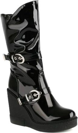 Generic Bottines courtes tendance punk pour femme avec boucle de ceinture d&eacute;corative, bout rond, plateforme compens&eacute;e, chaussures dhiver &agrave; enfiler, Noir, 38.5