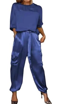 Generic Ensemble de pantalons en satin, ensemble haut &agrave; manches mi-longues et pantalon en satin lisse, ensemble 2 pi&egrave;ces pour femme, ensemble confortable et d