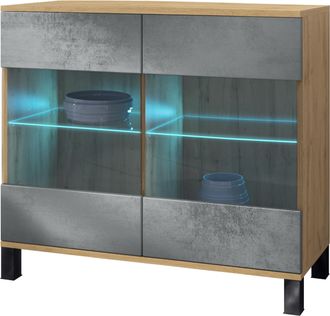 Vladon Kommode Bari V3, Moderner K&uuml;chenschrank mit 2 gro&szlig;en Glast&uuml;ren inkl. RGB Beleuchtung Eiche Evoke/Beton Dunkel Optik (92,5 x 84.5 x 35)