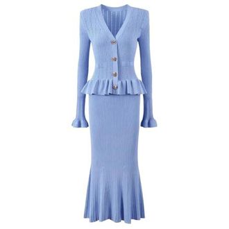Generic Robe longue tricotée à manches longues et col en V pour femme, bleu, L