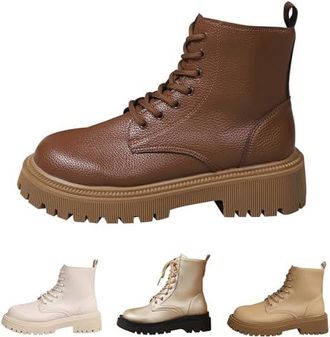 Generic Bottes de combat pour femme - Bottines &agrave; lacets avec fermeture &eacute;clair lat&eacute;rale - Talon bas - Semelle crant&eacute;e - Confortable - Antid&eacute;rapante, caf&eacute;, 38.5