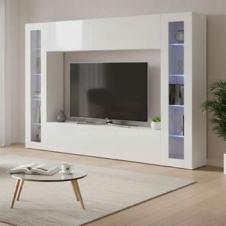 Dmora Ausgestattete Wand Luigi, 4-t&uuml;riges TV-St&auml;nder-Wohnzimmerset, Mehrzweck-Wohnzimmerm&ouml;bel, 100 % Made in Italy, 260 x 30 x 180 cm, gl&auml;nzend wei&szlig;, mit bl