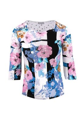 Passioni T-Shirt mit Streifen- und Blumenmuster in Blau und Schwarz