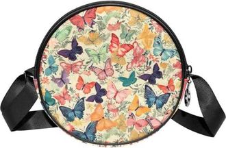 Generic Petit sac &agrave; bandouli&egrave;re circulaire pour femme, motif papillons et feuilles, sac &agrave; dos &agrave; bandouli&egrave;re r&eacute;glable avec fermeture &eacute;clair, sac &agrave; main rond d&eacute;