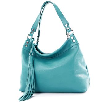 modamoda.de T201 Damen Leder Schultertasche Handtasche handmade in Italy, Farbe:T&uuml;rkisblau
