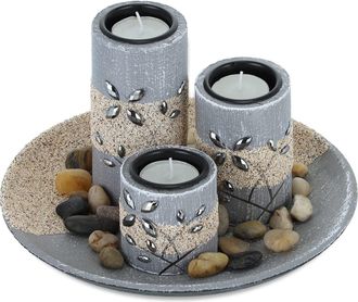 Relaxdays Teelichthalter Set, runde Dekoschale, mit Teelichtern und Steinen, Tischdeko Wohnzimmer, Esszimmer, grau/Sand