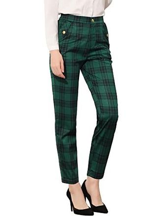 Allegra K Pantalon Vintage Tartan à Carreaux Taille élastique, Pantalon Long Droit pour Femme, Vert, Taille M