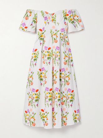 Borgo De Nor Gracie Schulterfreies Kleid Aus Piqu&eacute; Aus Einer Bedruckten Baumwollmischung Mit Falten - Mehrfarbig