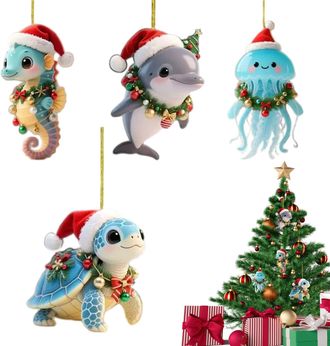 Generic Weihnachtsbaum Flacher Acryl Anh&auml;nger - Weihnachtsdekoration Acryl Meerestiere Deko | 4 St&uuml;ck Flache Display Stimmungsmacher F&uuml;r Garten Wohnzimmer Fen