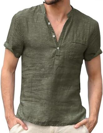 Generic Chemise d&eacute;contract&eacute;e pour homme - Couleur unie - En lin - Manches courtes - Pour course &agrave; pied et t-shirt basique pour homme, ag, XXL