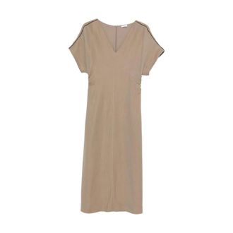Brunello Cucinelli V-Ausschnitt Raff-Midi-Kleid - - Dresses - Damen - Beige - M