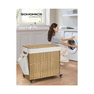 Songmics Panier &agrave; Linge avec Couvercle, 160L, Corbeille Linge Sale Tress&eacute;, avec Roulettes, 3 Compartiments, Sac Int&eacute;rieur Amovible, pour Buanderie, Chambre