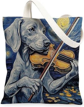 Generic Weimaraner Sac fourre-tout en toile pour faire du shopping Motif chien 33 x 38 cm, motif violon &eacute;toil&eacute;, sac d&eacute;picerie r&eacute;utilisable pour femme, animal 