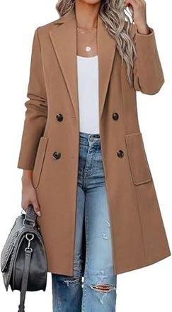 Generic Manteau de grange pour femme, manteau mi long en mélange de laine camel, veste à revers croisé cranté, vêtements dextérieur