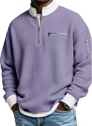 Generic Sweat d&eacute;contract&eacute; &agrave; fermeture &eacute;clair contrast&eacute;e pour homme, col montant, demi-fermeture &eacute;clair, pull gaufr&eacute; ample, violet, XXL