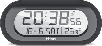 Mebus Funkwecker mit Temperaturanzeige, digital, Funkuhr, Weckfunktion mit Snooze, Displaybeleuchtung, Kalender, Innenthermometer, Zeitzonen, Farbe: Schwarz