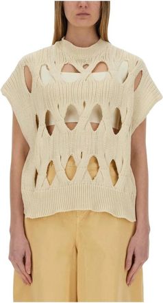 Alysi Femme, Pulls, Beige, Taille: 38 FR Top sans manches en maille ajour&eacute;e