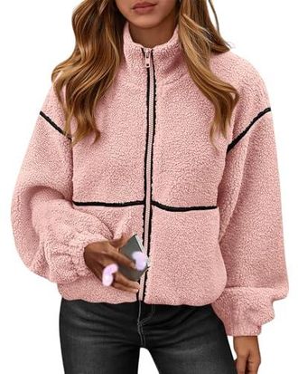 Generic Manteau Sherpa surdimensionn&eacute; confortable &agrave; fermeture &eacute;clair pour femme Automne Hiver Mode D&eacute;contract&eacute; Chaud Col montant Veste dext&eacute;rieur avec poches,