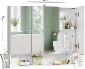 Vasagle Spiegelschrank Bad mit Beleuchtung, 16,5 x 90 x 75 cm, Steckdosen, H&auml;ngekorb, Haartrockner-Halter, Spiegelschrank, Badschrank, Wandschrank, f&uuml;r Badezi