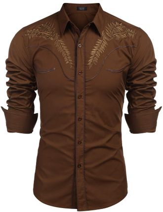 Coofandy Herren Westernhemden Langarm Slim Fit Stickereien Cowboy Casual Button Down Shirt, 01-Kaffee (Muster 1), L