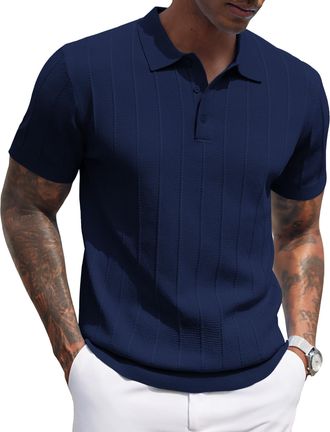 Coofandy Herren Poloshirt Kurzarm Strick Sommer Polo Button Down Polohemd Regular Fit Business Casual Poloshirts Urlaub Dunkelblau XXXL