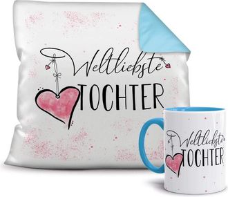 Tassendruck Geschenkset für die Weltliebste Tochter - Tasse und Kissen - Himmelblau/Verwandte/Geschenk-Idee/Liebling/Familie