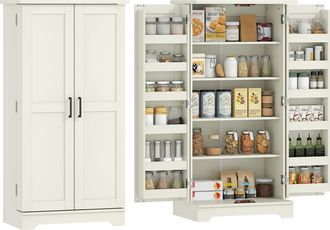 HOMCOM K&uuml;chenbuffet, K&uuml;chenschrank, Geschirrschrank, 5 Ebenen, mit T&uuml;ren und verstellbaren Regalen, 60 x 40 x 120 cm, Holzmaserung, cremefarben