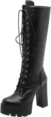 Generic Bottes de Combat Femmes à Lacets Jusquau Genou, Style Plateforme à Talons Épais, Punk Gothique,Noir,42 EU