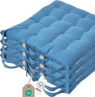 Homescapes 4er Set Stuhlkissen 40x40 cm blau - Sitzkissen Outdoor/Indoor mit Baumwollbezug, Sitzpolster waschbar und Oeko-TEX-Zertifiziert für Esszimmer-, Küchen