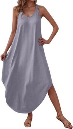 Generic Robe longue d&eacute;t&eacute; d&eacute;contract&eacute;e sans manches pour femme - Style boh&egrave;me - Dos nu - Sans manches - Pour vacances, plage, vacances, gris, XXL