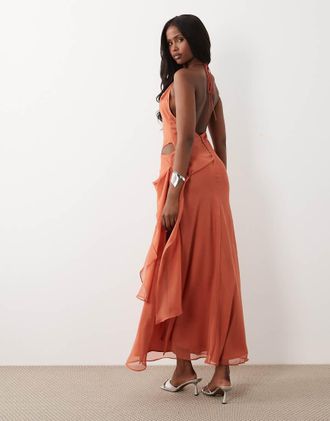 Bardot Cyrel - Maxikleid aus Chiffon in gebranntem Orange mit tiefem Ausschnitt, seitlichen Zierausschnitten