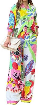 ORANDESIGNE Costume Femmes Chemisiers Et Pantalons Ensemble Chemise Manches Longues Blouses Mode Chic Imprimé Shirts Set De Deux Pièces Décontractée Casual Tenue 